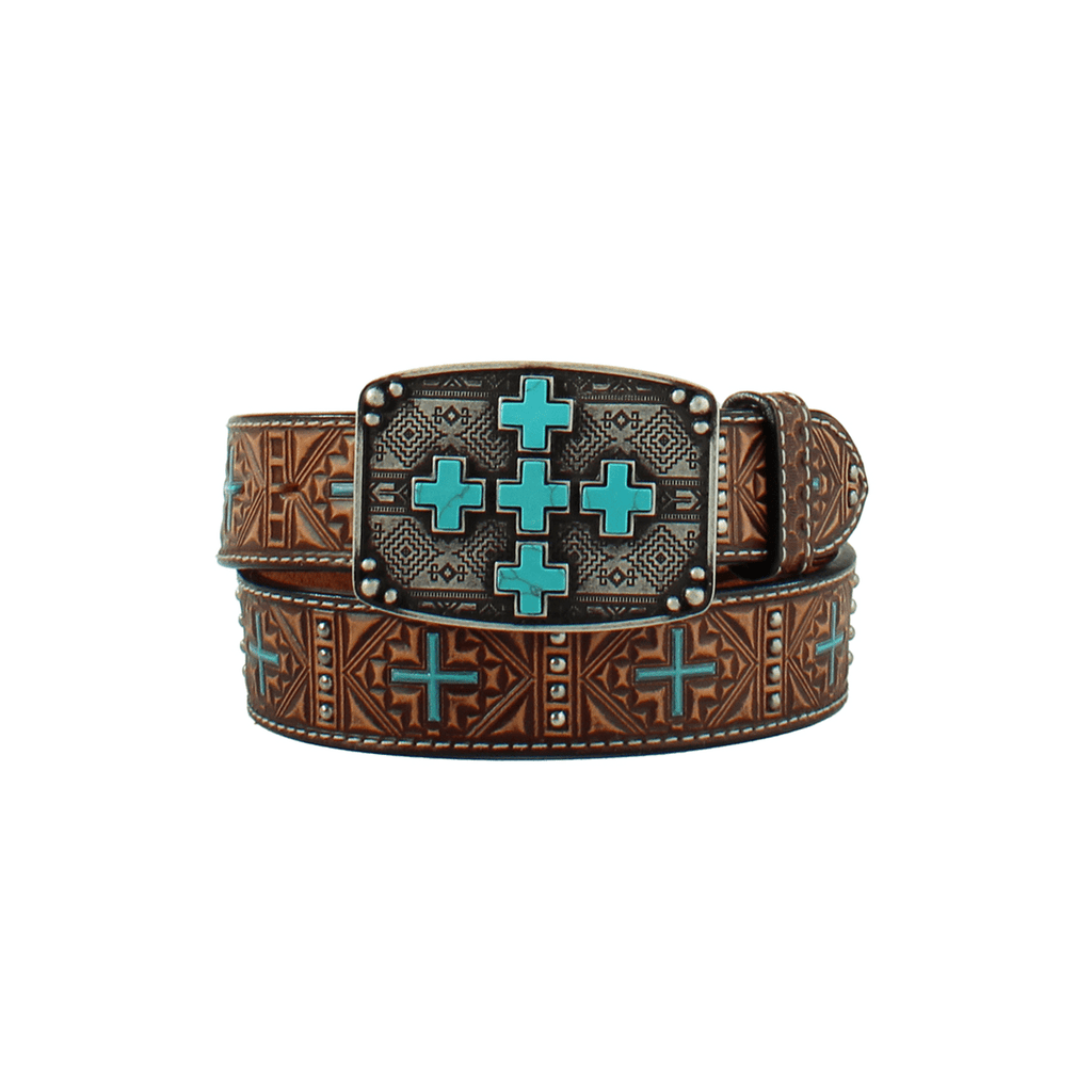 Angel Ranch Ladies’ Southwestern Tooled Belt with Turquoise Cross – Br ...